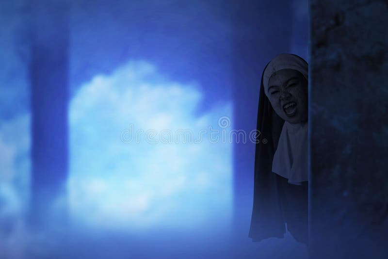 Scary Devil Nun Standing in the Abandoned Building Stock Image - Image ...