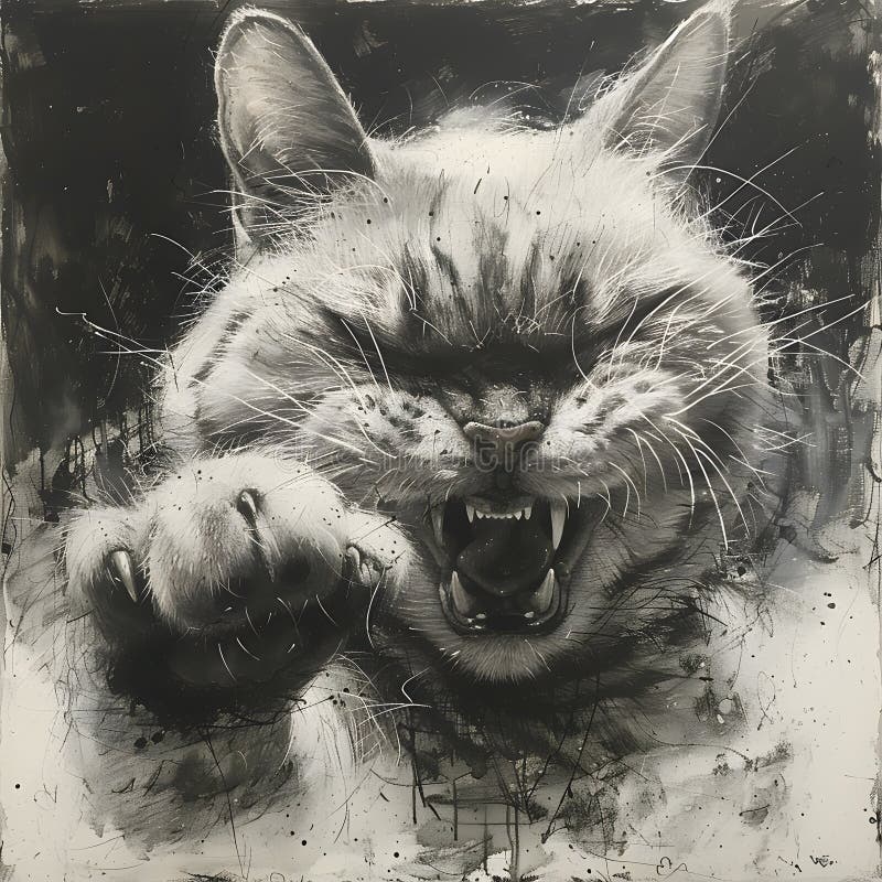 A Scary Evil Black Cat Waves Its Paw with Sharp Claws and Bares Its Big ...