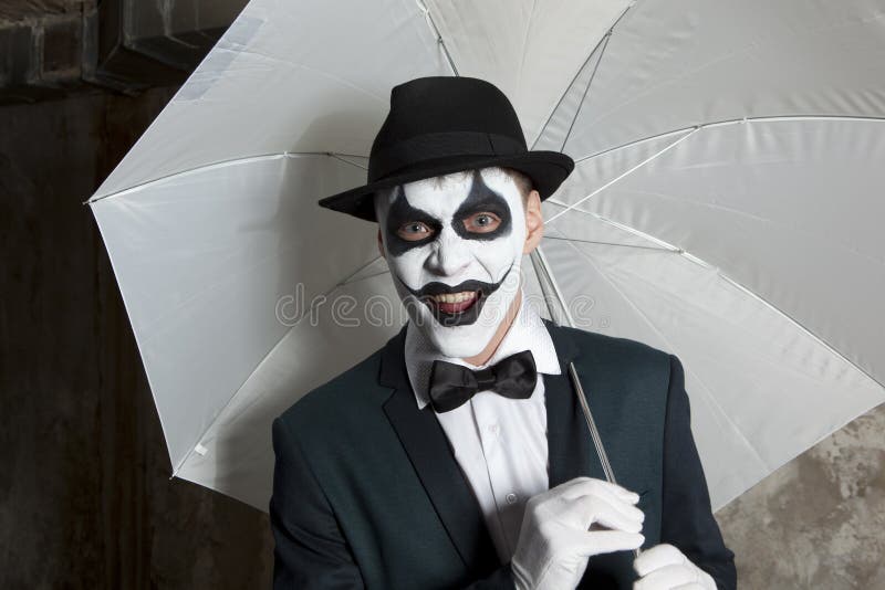 Scary Evil Clown Wearing a Bowler Hat on Wall Stock Photo - Image of ...