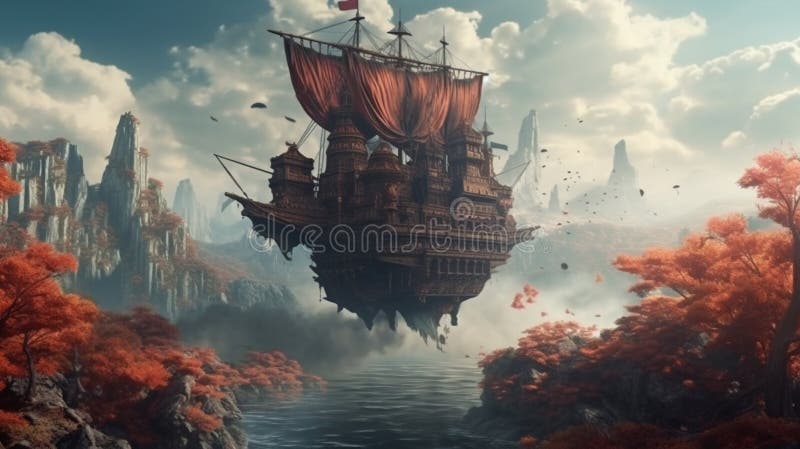 Scary Fantasy Landscape with Flying Ship. Generative AI Stock ...