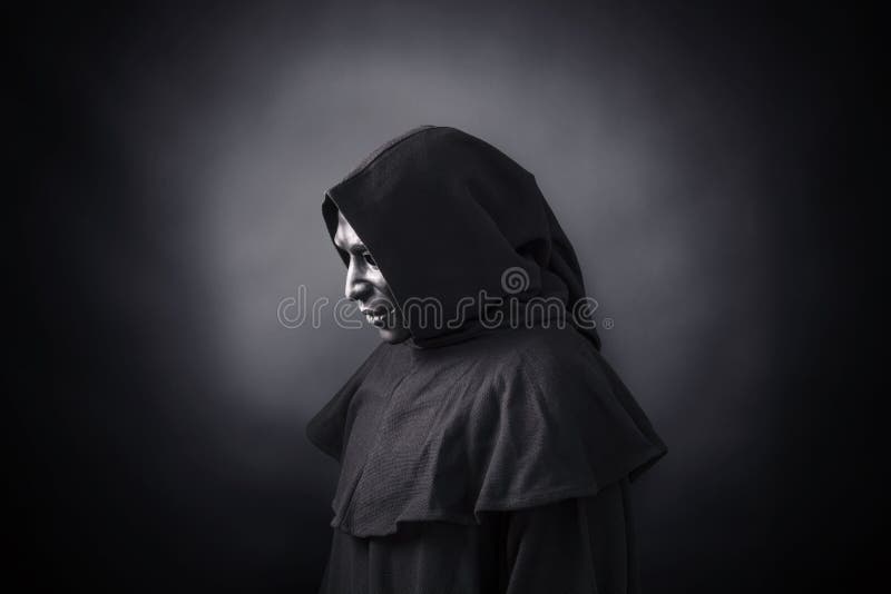 Scary Figure in Hooded Cloak with Mask Stock Image - Image of creepy ...