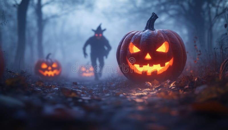 Scary Figure Running through Spooky Forest with Jack-o& X27;-lanterns ...