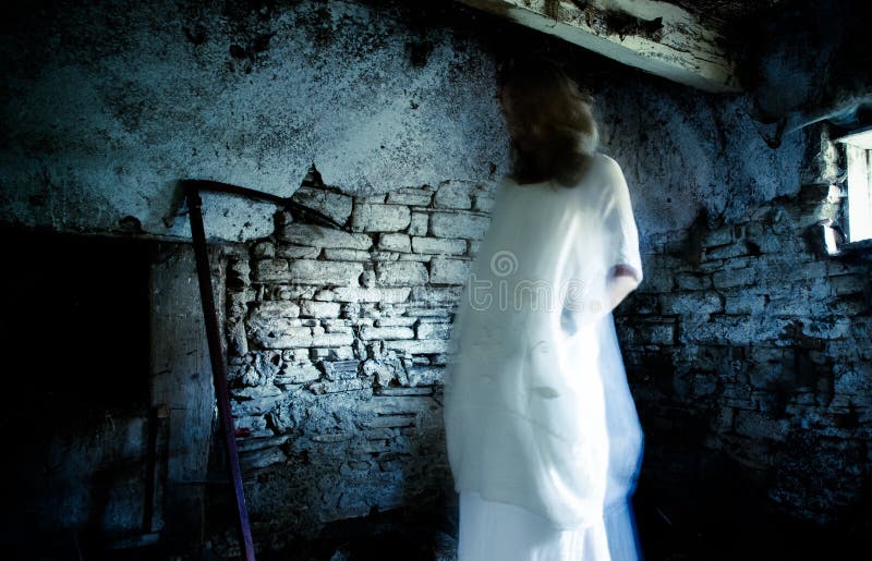 Scary Ghost in Abandoned Building at Night Halloween Background Stock ...