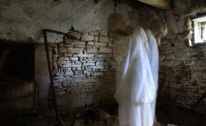 Scary Ghost in Abandoned Building at Night Halloween Background Stock ...