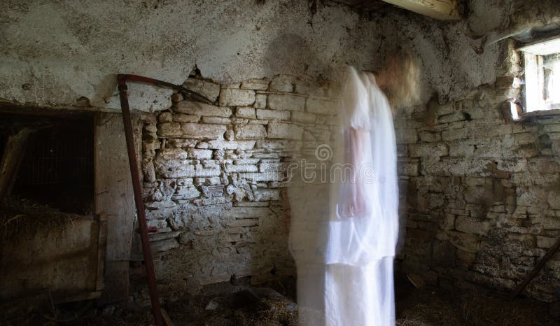 Scary Ghost in Abandoned Building at Night Halloween Background Stock ...