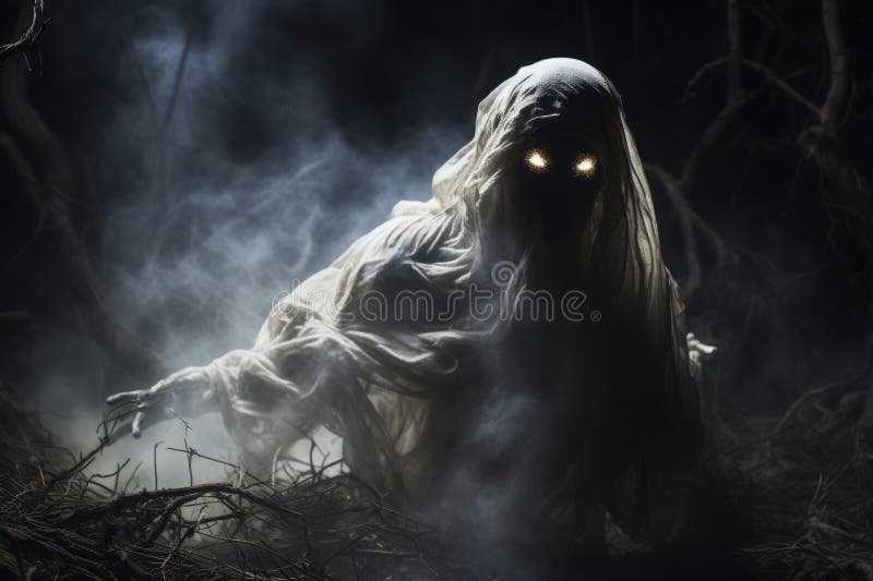 A Scary Ghost with Glowing Eyes in the Dark Stock Illustration ...