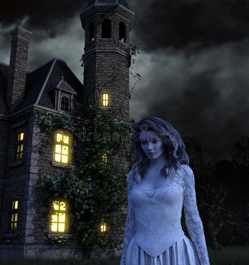 Scary Ghost Woman in an Old Haunted House at Night Stock Illustration ...