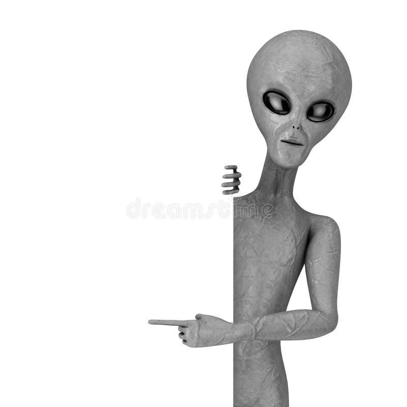 Scary Gray Humanoid Alien with Blank Presentation or Information Board ...