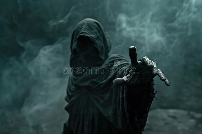 Scary Grim Reaper with Scythe in Hell on Dark Background with Dramatic ...