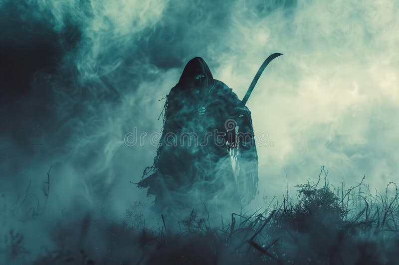 Scary Grim Reaper with Scythe in Hell on Dark Background with Dramatic ...