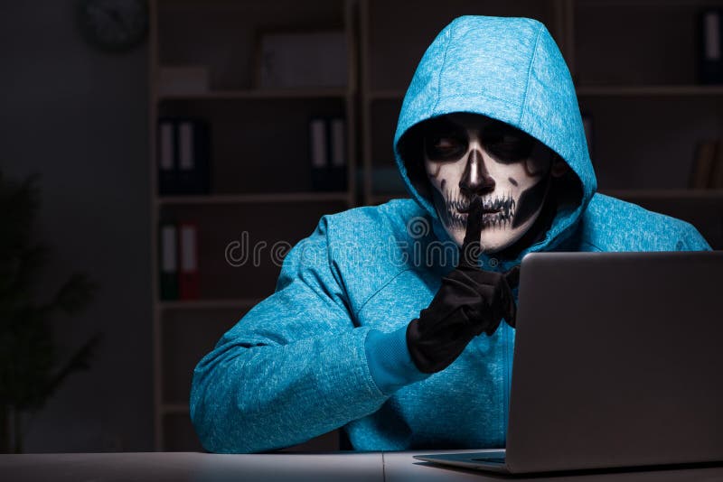 The Scary Hacker Hacking Security Firewall Late in Office Stock Photo ...