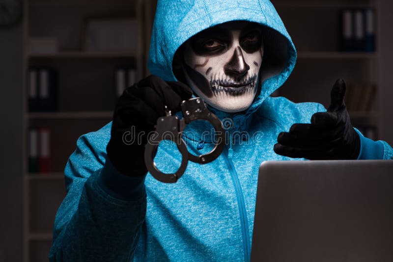 The Scary Hacker Hacking Security Firewall Late in Office Stock Image ...