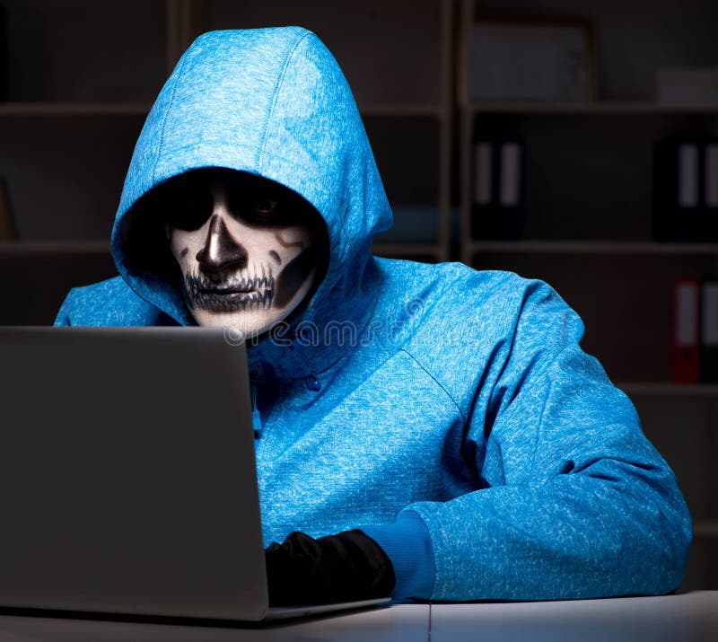 Scary Hacker Hacking Security Firewall Late in Office Stock Image ...