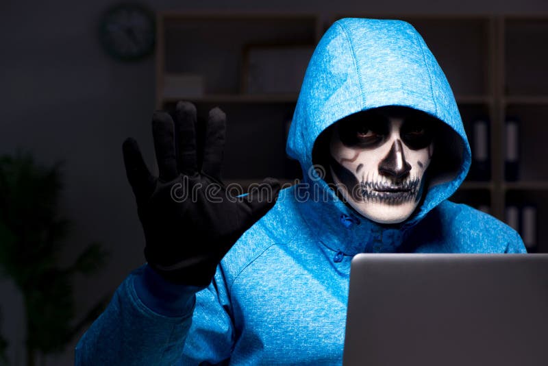 The Scary Hacker Hacking Security Firewall Late in Office Stock Image ...