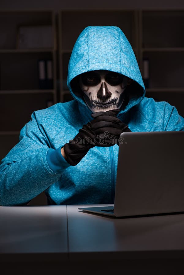 The Scary Hacker Hacking Security Firewall Late In Office Stock Image ...