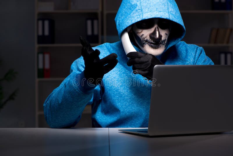 The Scary Hacker Hacking Security Firewall Late in Office Stock Image ...
