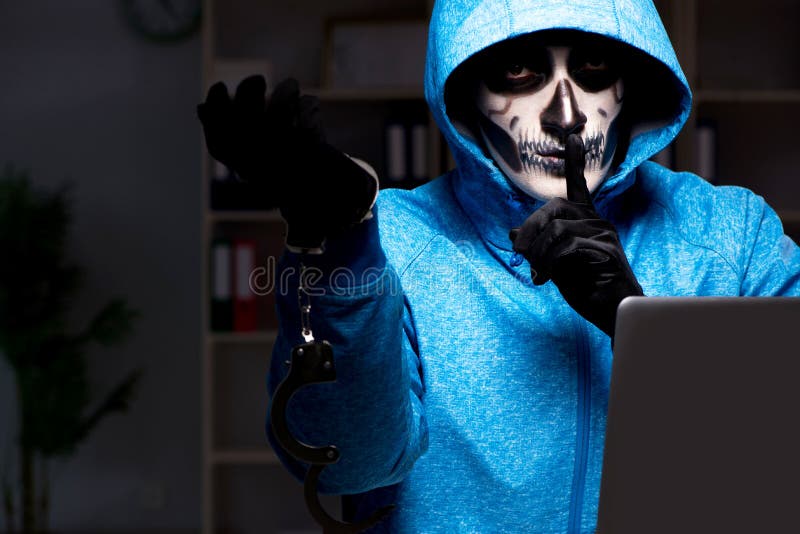 The Scary Hacker Hacking Security Firewall Late in Office Stock Image ...