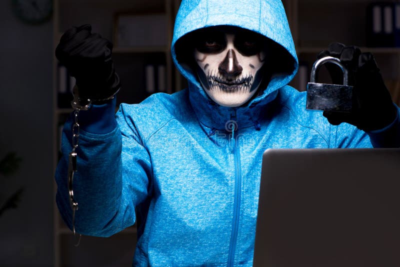 The Scary Hacker Hacking Security Firewall Late in Office Stock Photo ...