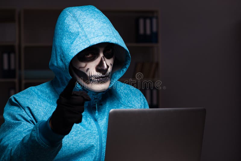 Scary Hacker Hacking Security Firewall Late in Office Stock Photo ...