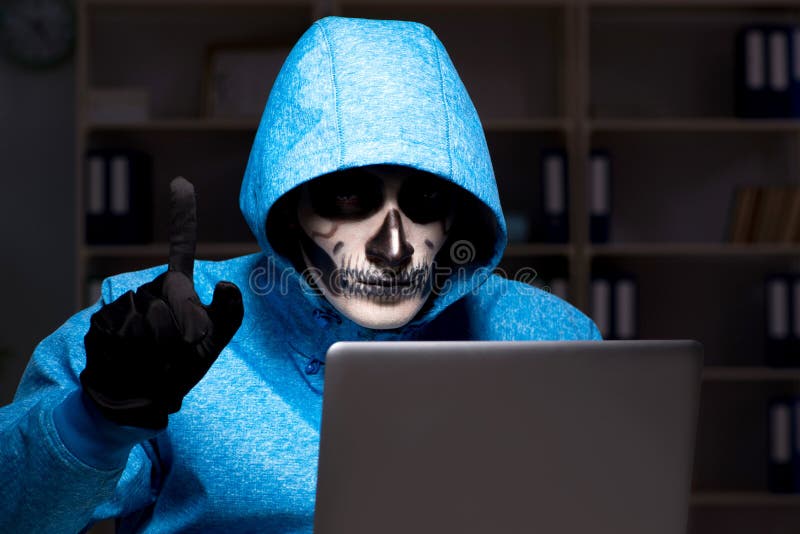 The Scary Hacker Hacking Security Firewall Late in Office Stock Image ...
