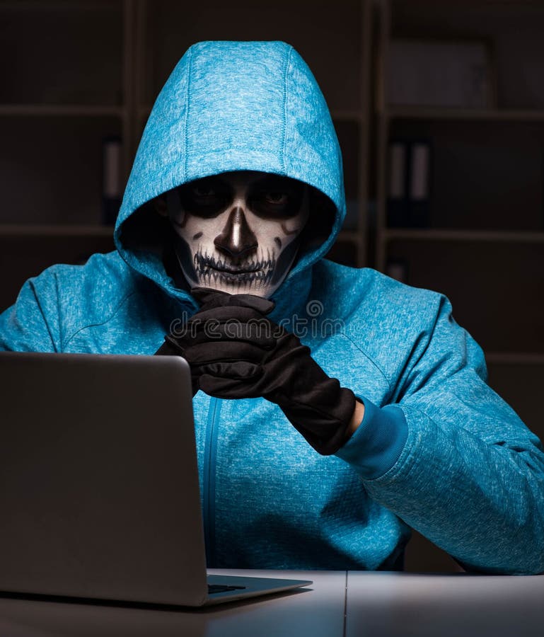 Scary Hacker Hacking Security Firewall Late in Office Stock Image ...