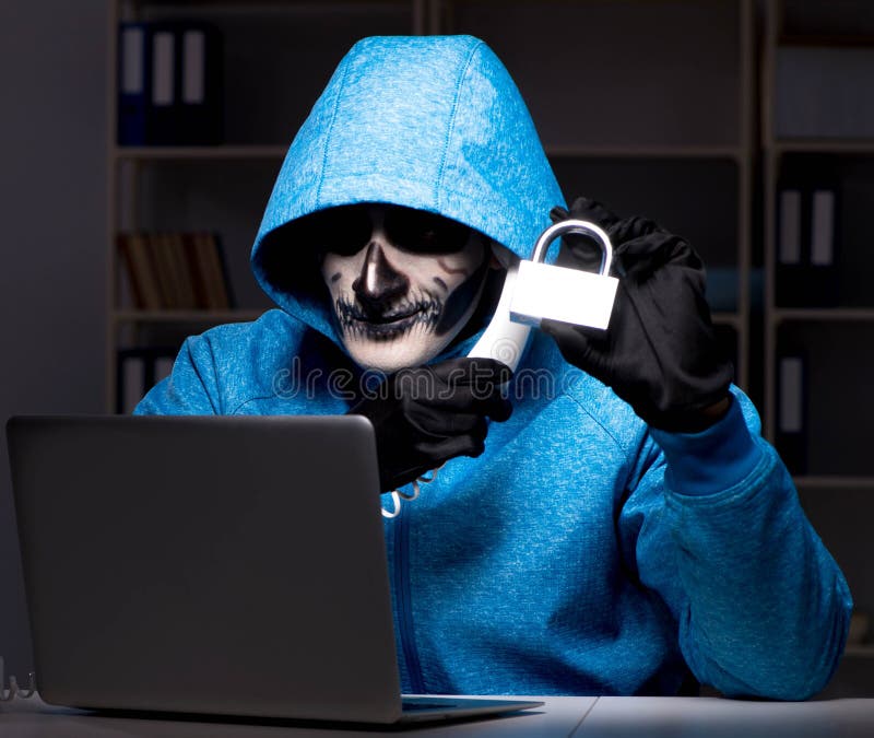 Scary Hacker Hacking Security Firewall Late in Office Stock Photo ...