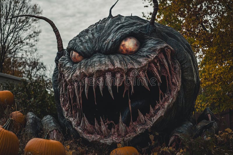 Scary Halloween Creature with Sharp Teeth and Glowing Eyes at Dusk Stock Illustration ...