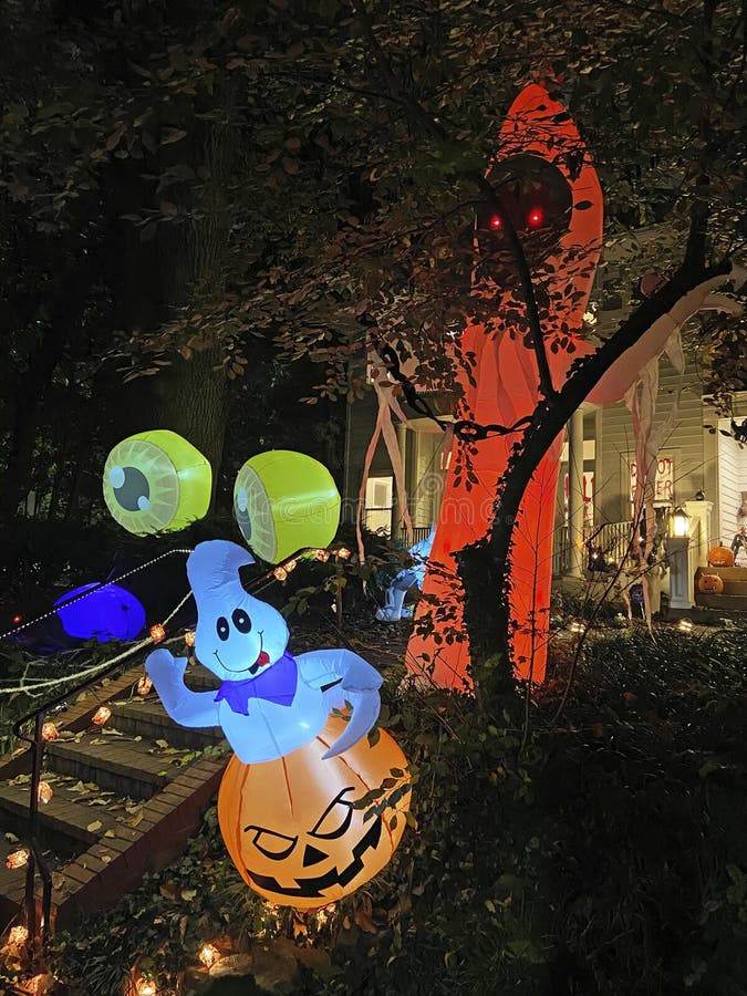 Scary Halloween Decorations at Night Stock Image - Image of holiday ...