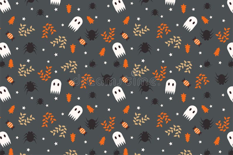 Scary Halloween Pattern Background with Cute Ghosts and Dead Leaves ...