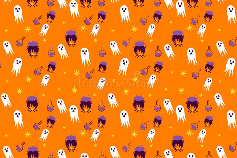 Scary Halloween Pattern Vector with Ghosts and Witch Bowls. Seamless ...