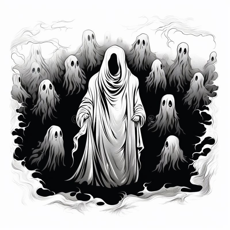 Scary Hand-Drawn Ghost Floating Above a Cauldron Stock Illustration ...