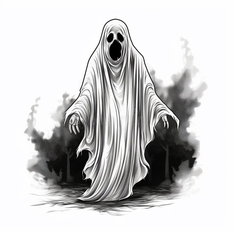 Scary Hand-Drawn Ghost with Long Arms and Legs Stock Illustration ...