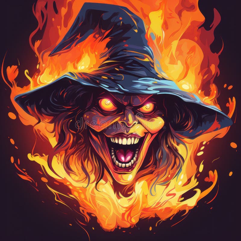 Scary Horror Witch Burning Face in Fire AI Generated Stock Illustration ...