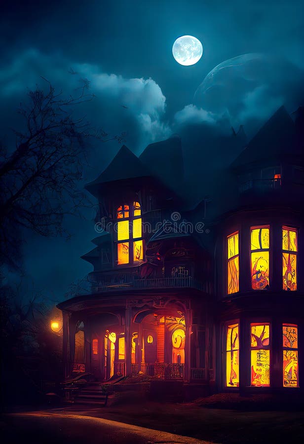 Scary House on Moonlight, Old Gothic Castle Stock Illustration ...