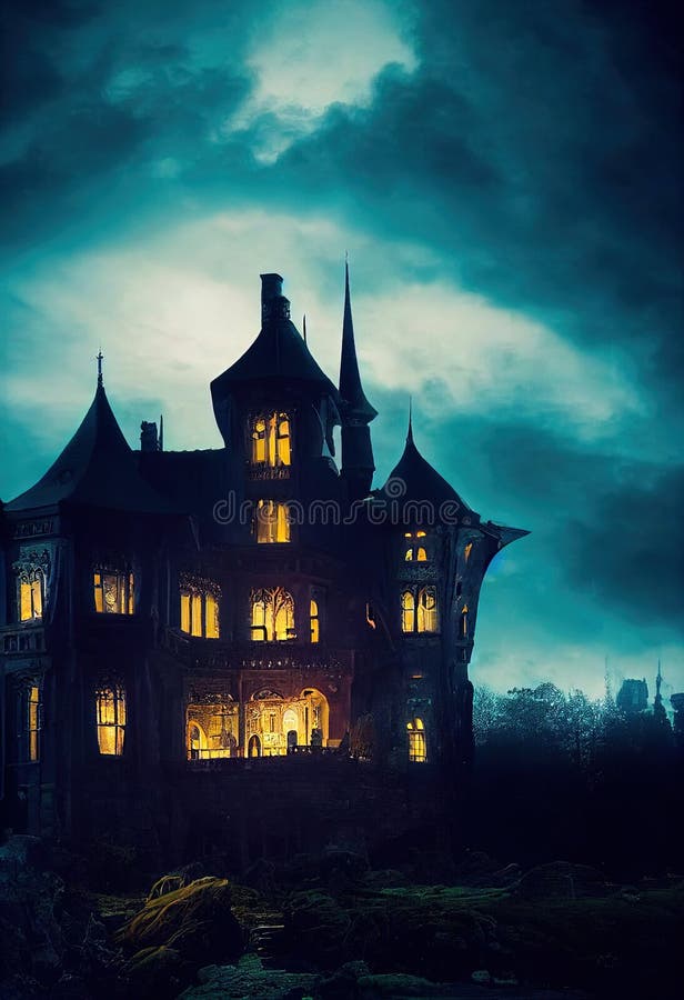 Scary House on Moonlight, Old Gothic Castle Stock Illustration ...