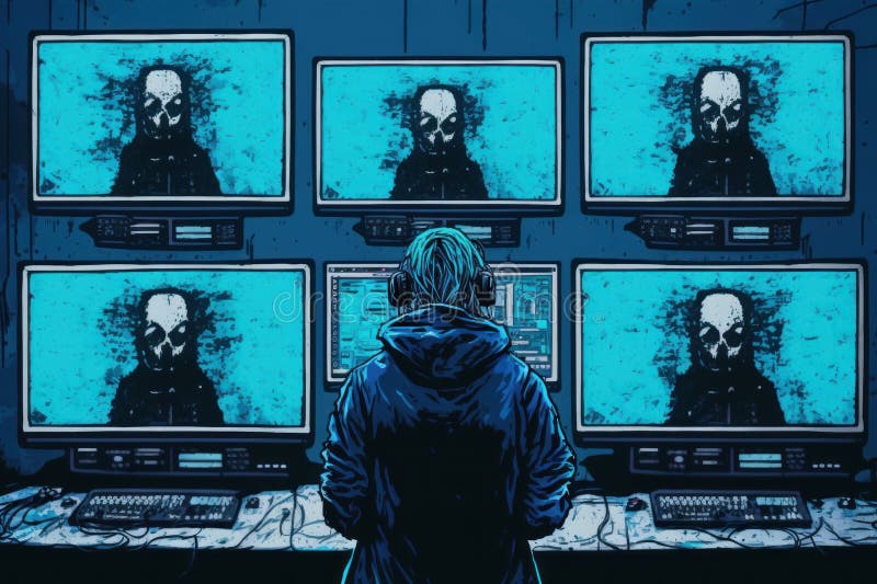 Scary Image. Hacker Standing in Front of Monitors. Beautiful ...