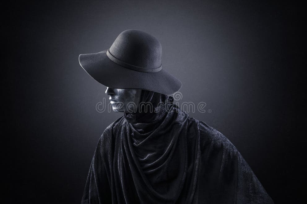 Scary Lady with Old Hat in the Dark Stock Image - Image of specter ...