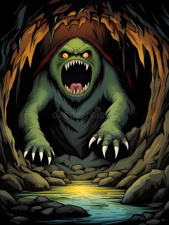 Scary monster in the cave stock illustration. Illustration of night ...