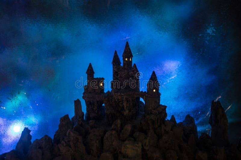 Scary and Mystic Castle View on Moonlight. Decorative Table Miniature ...