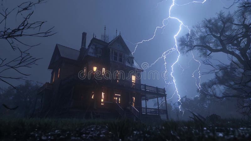 A Scary Old House Stands in a Field, Thunderstorm and Lightning at ...