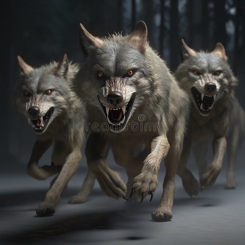 Scary Pack of Evil Predatory Wolves with Big Fangs Run after Prey ...