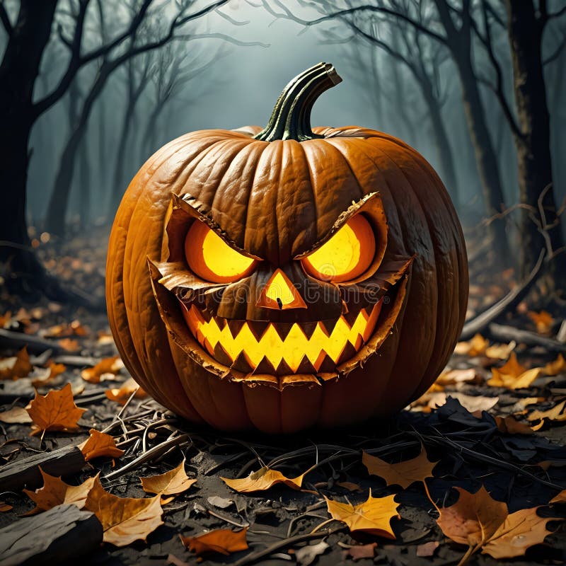 Scary Pumpkin with Fiery Eyes in a Dark Forest Stock Photo - Image of ...