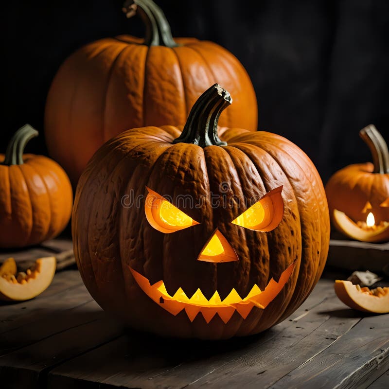 Scary Pumpkin with Fiery Eyes in a Dark Forest Stock Photo - Image of ...