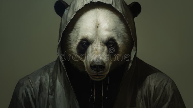Scary Realistic Panda Bear Illustration in Wet Coat and Hood Stock ...