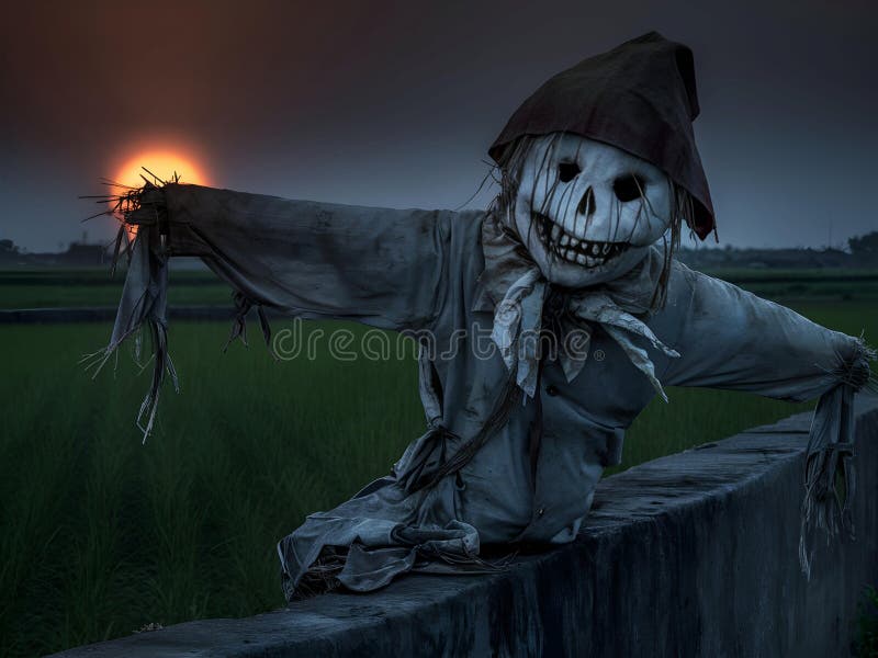 Scary Scarecrow in the Middle of Rice Fields Stock Illustration ...
