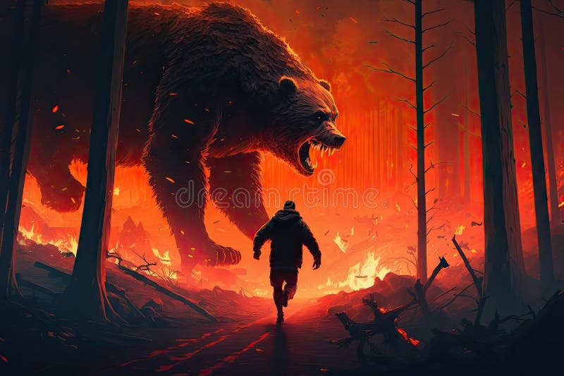 Scary Scene with Burning Forest on Fire and Bear Running from the ...