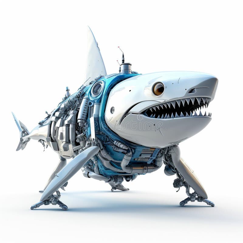 Scary Shark Robot, Robotic Fish Isolated Over White Background. Created ...