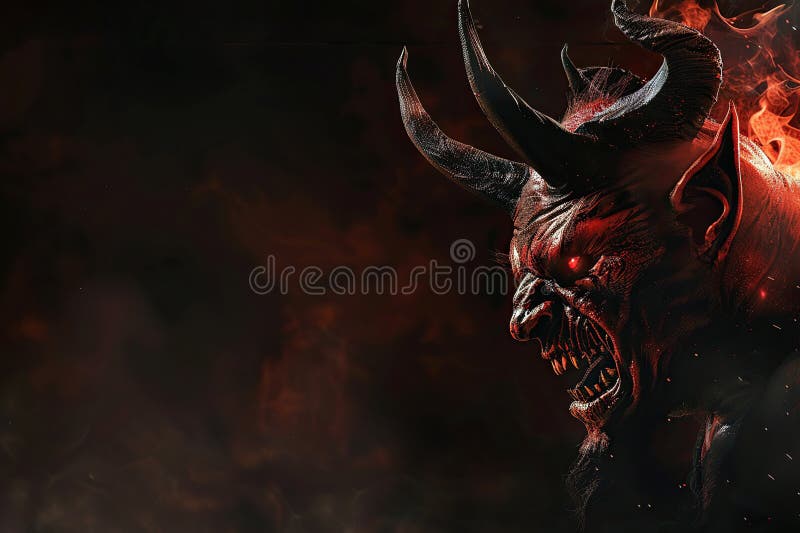 Scary Sinister Devil is in Hell with Bright Fire Lighting on the ...