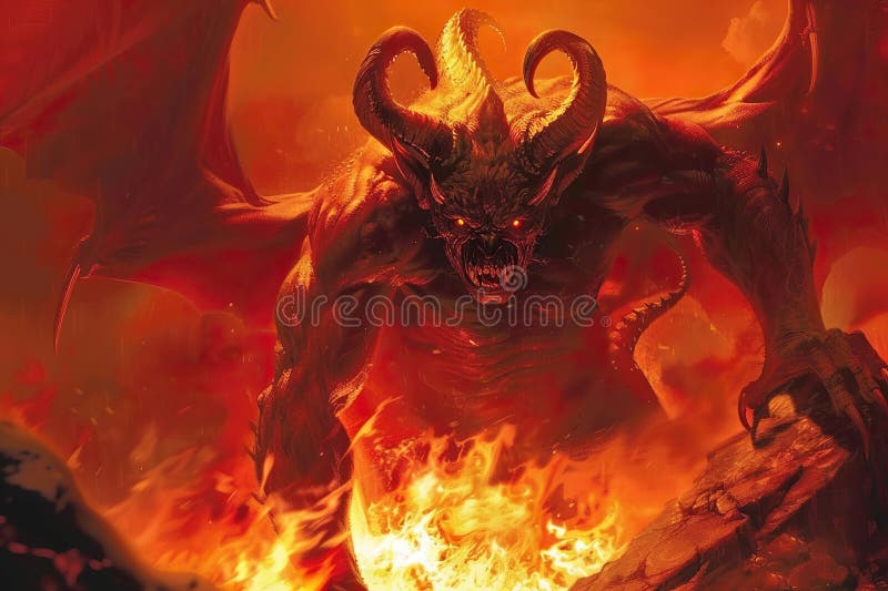 Scary Sinister Devil is in Hell with Bright Fire Lighting on the ...