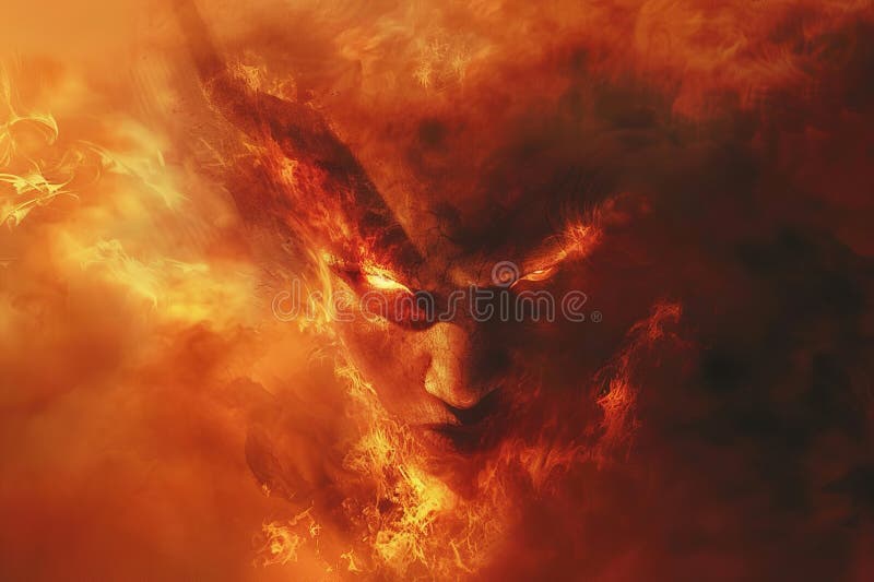 Scary Sinister Devil is in Hell with Bright Fire Lighting on the ...